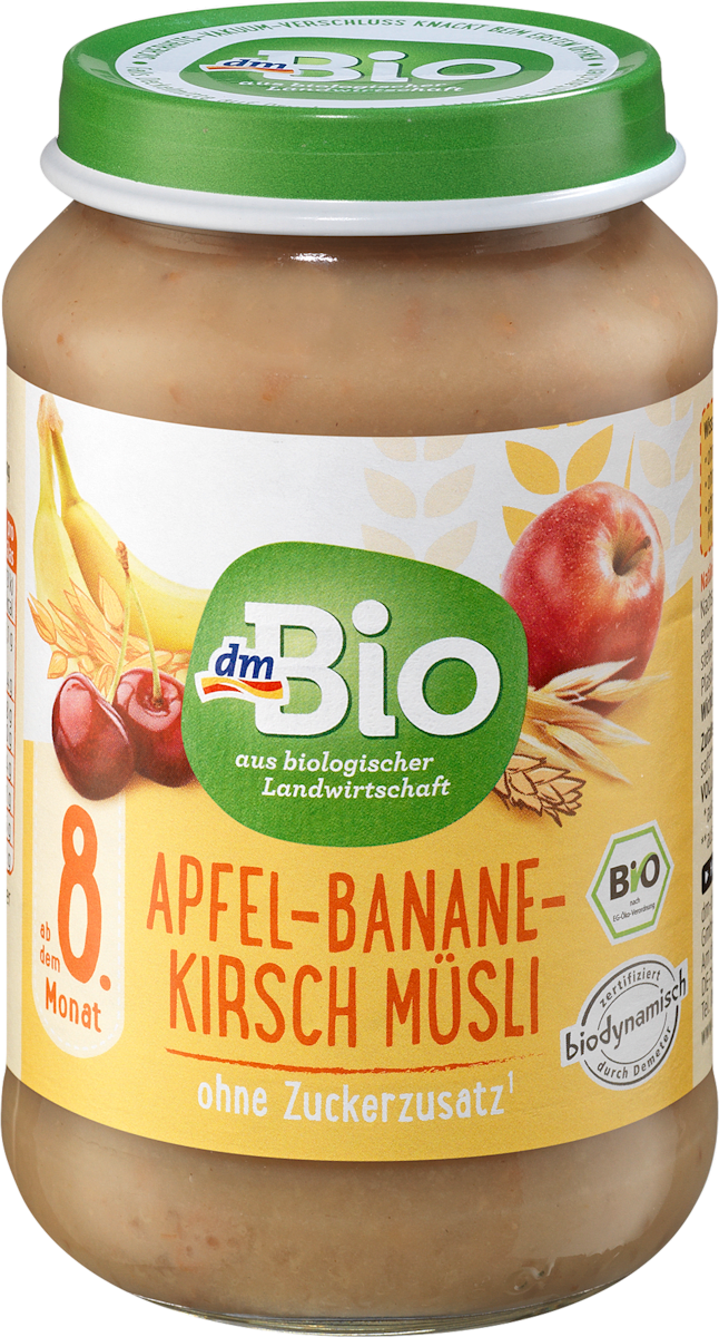dmBio Frucht & Getreide Apfel, Banane, Kirsche mit Müsli ab dem 8 ...