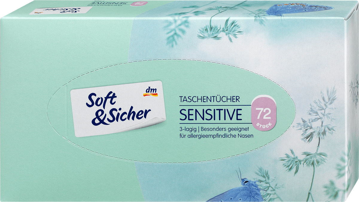 Soft&Sicher Szenzitív papír zsebkendő, dobozos, 3-rétegű, 72 db | dm.hu