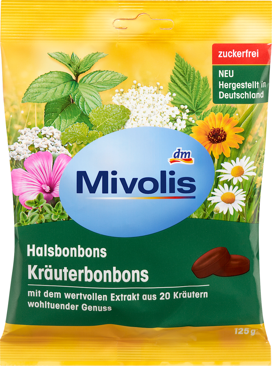 Mivolis Gyógynövényes cukormentes torokcukorka, 125 g | dm.hu