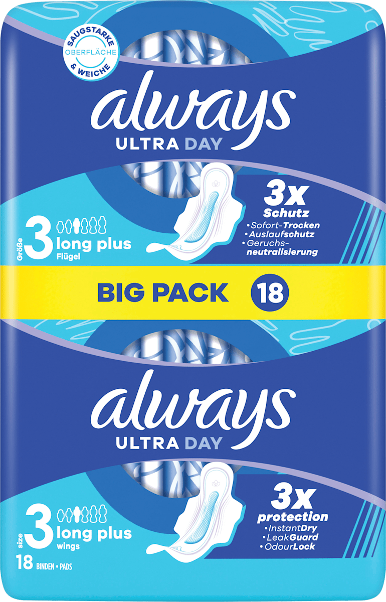 always Ultra-Binden Day Long Plus 3 mit Flügeln, Big Pack, 18 St ...