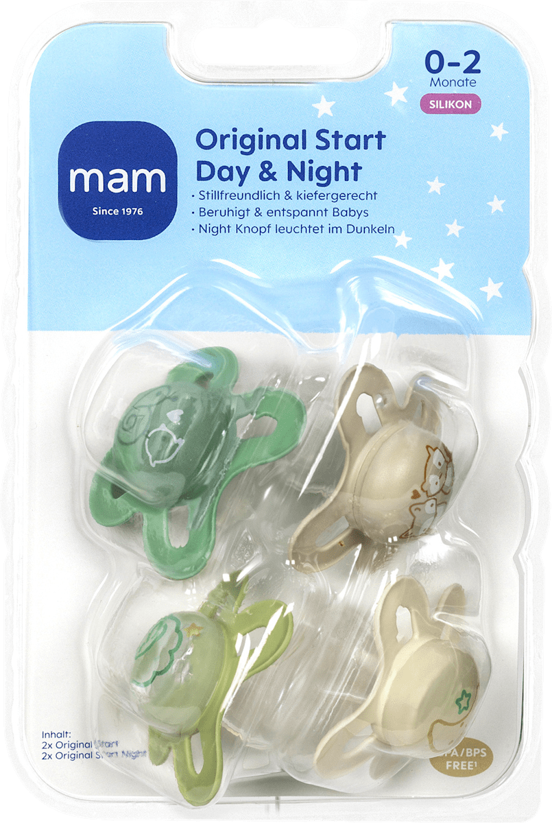mam Schnuller Original Start Day & Night Silikon, grün/braun/creme, 0-2 ...
