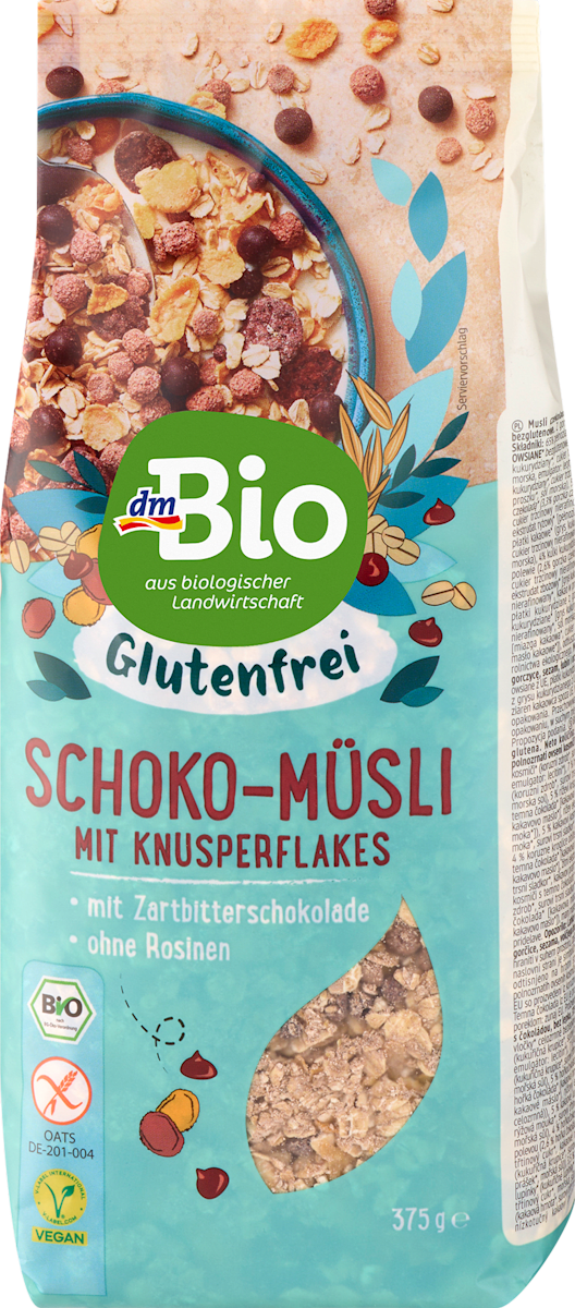 dmBio Muesli cu ciocolată și fulgi crocanți, fără gluten, 375 g | dm.ro